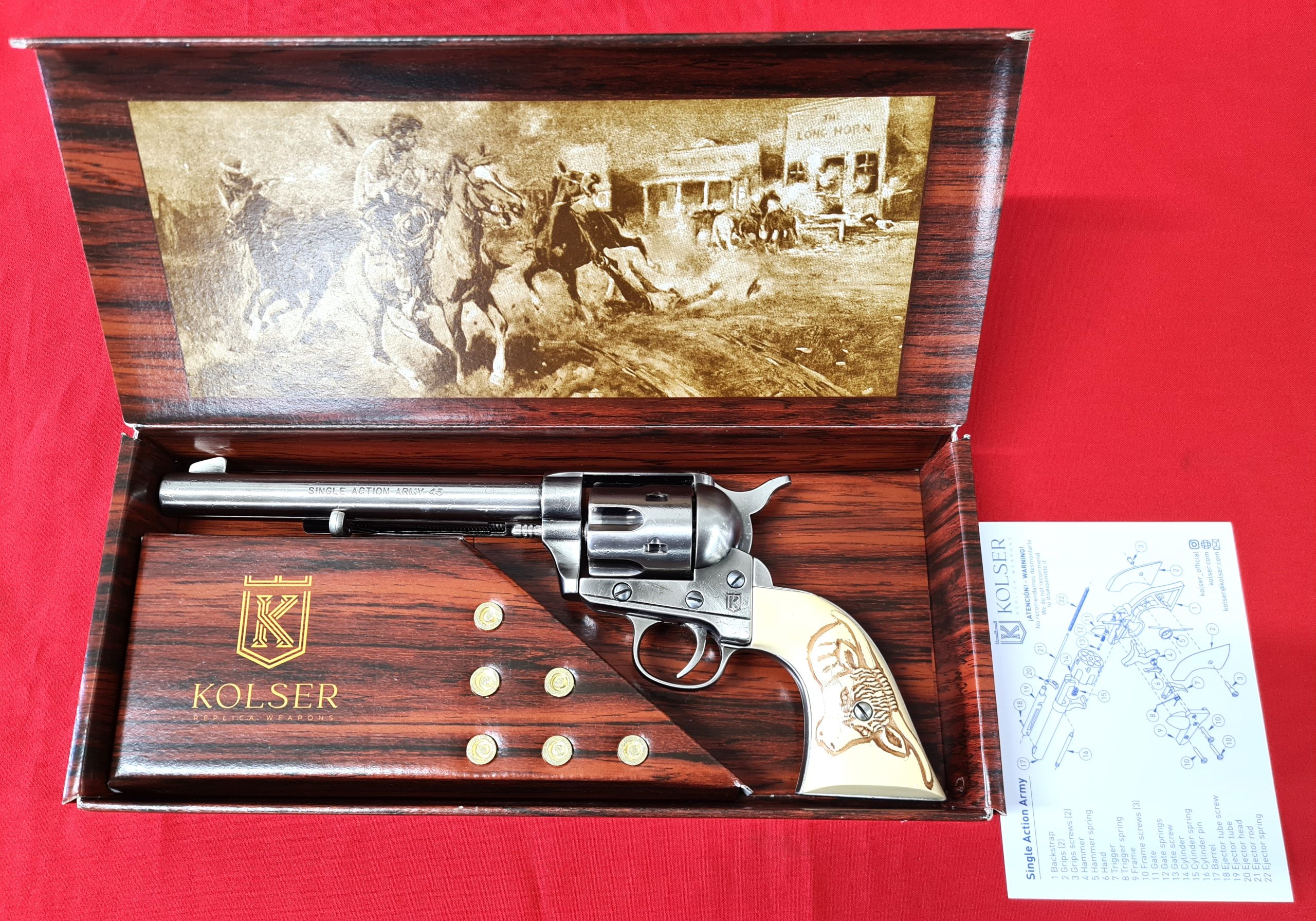 Western Single Action Army Revolver 45 pistol with 6 cap gun bullet rounds and gift box by Kolser silver with faux ivory bull handle JB Military Antiques